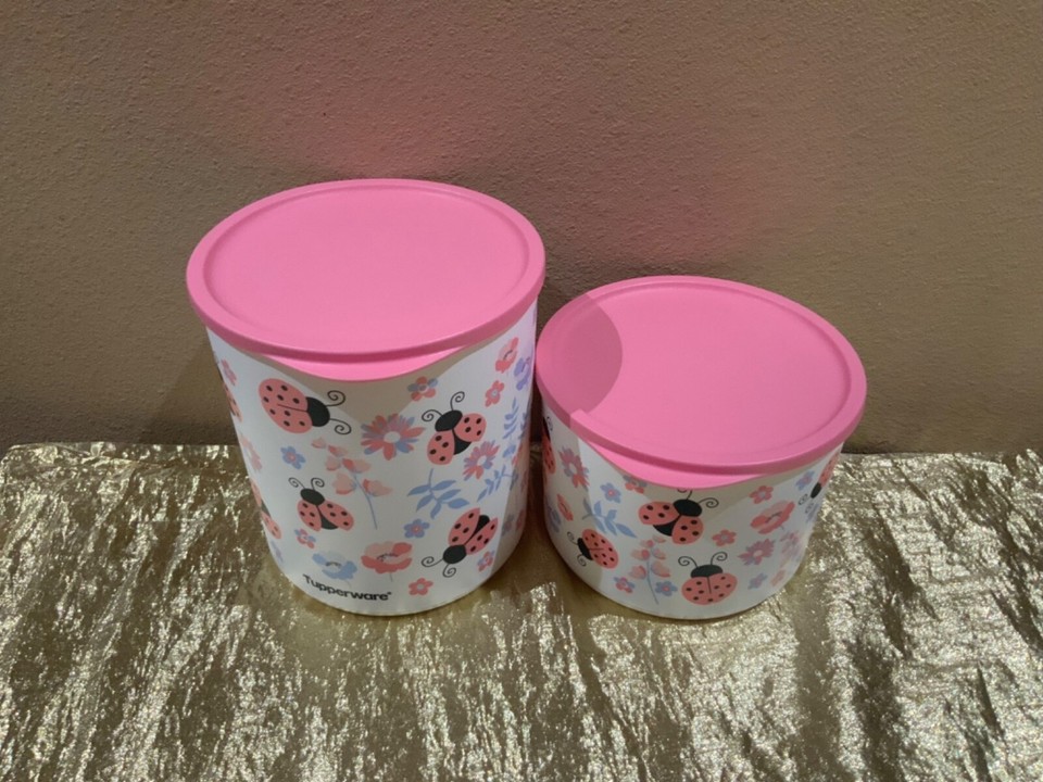 New UNIQUE Bright Tupperware Set/2 Cubix Round Pink Ladybugs Canisters ...