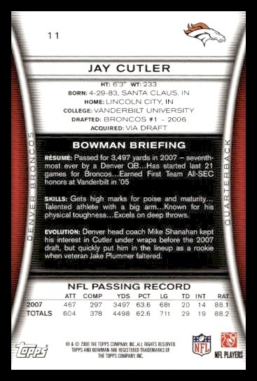 2008 Bowman #11 Jay Cutler Denver Broncos | eBay