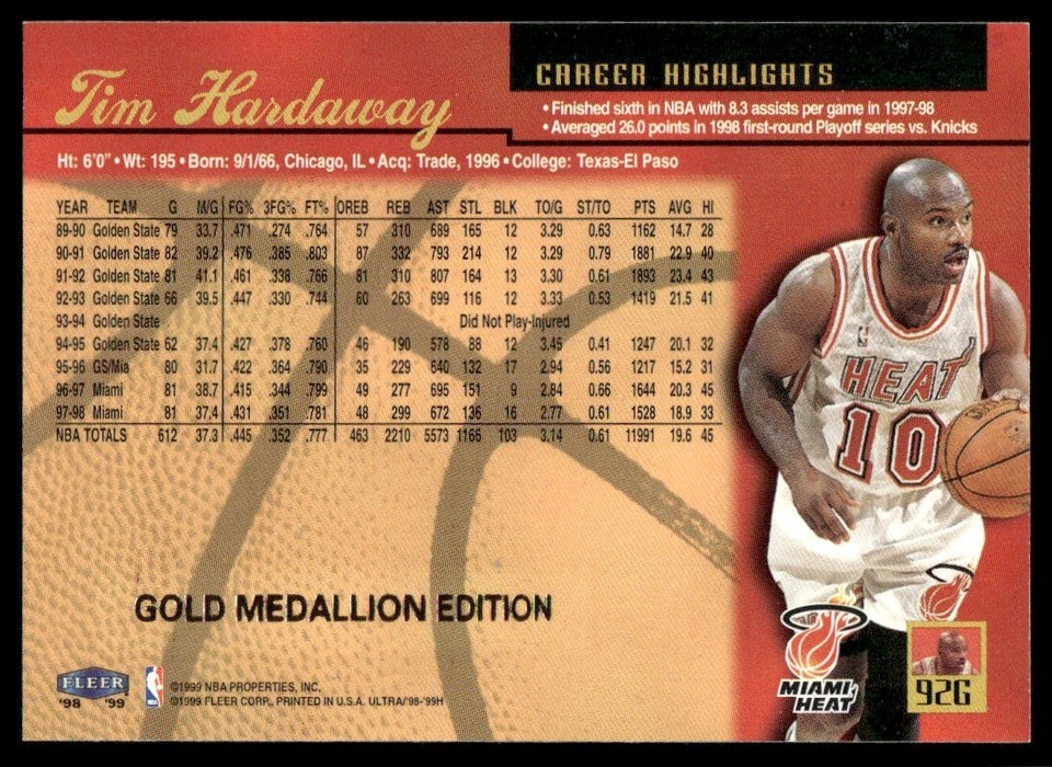 1998-99 Ultra Gold Medallion Tim Hardaway Miami Heat #92G NM | eBay