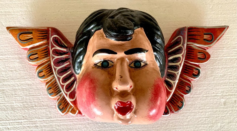 Mexican Folk Art Carved Wood Angel Cacheton Bust Wall Hanging Colonial ...