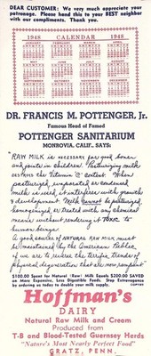 1948 Pottenger Sanitarium / Hoffman’s Dairy Raw Milk 1948 Calendar ...