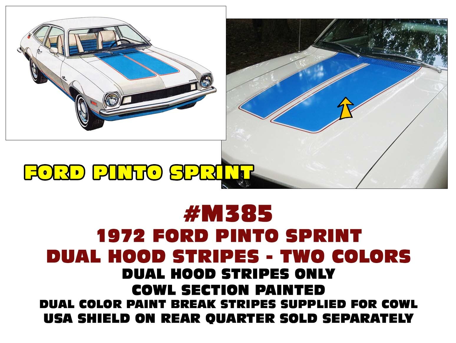 M385 1972 FORD PINTO SPRINT - DUAL HOOD STRIPES - BLUE with RED ...