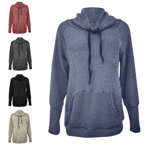 High Neck Sweatshirt Drawstring Warm Drawstring Large Pocket Loose ...
