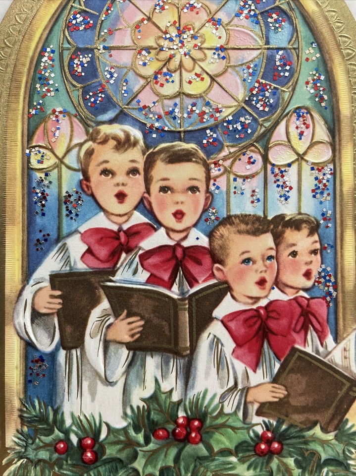 50s Glitter Stained Glass Church Window Choir Boys 🎶 Vtg Christmas Card ...