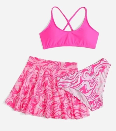 Womens Size 10 UK Hot Pink Marble Swimming Costume 3 Piece Set Swimsuit ...