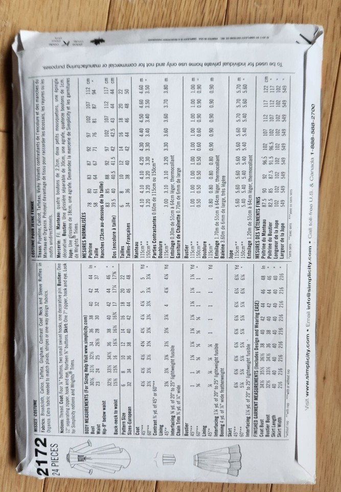 Simplicity 2172 Costume Sewing Pattern - Size R5 14-22 VICTORIAN ...