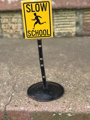 Vintage 1950's Tin Toy Tonka Sign SLOW SCHOOL Orange and Black 4 1/2 ...