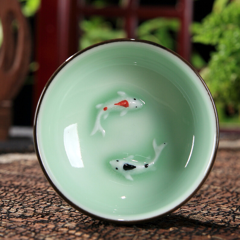 2pcs/lot Chinese Celadon Tea Set Pottery Tea Cup 55ml Fish Design Fine ...