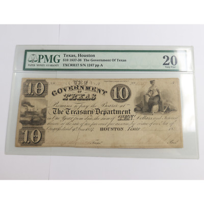 1837 1838 PMG VF20 $10 Republic of Texas Government Sam Houston Bank ...