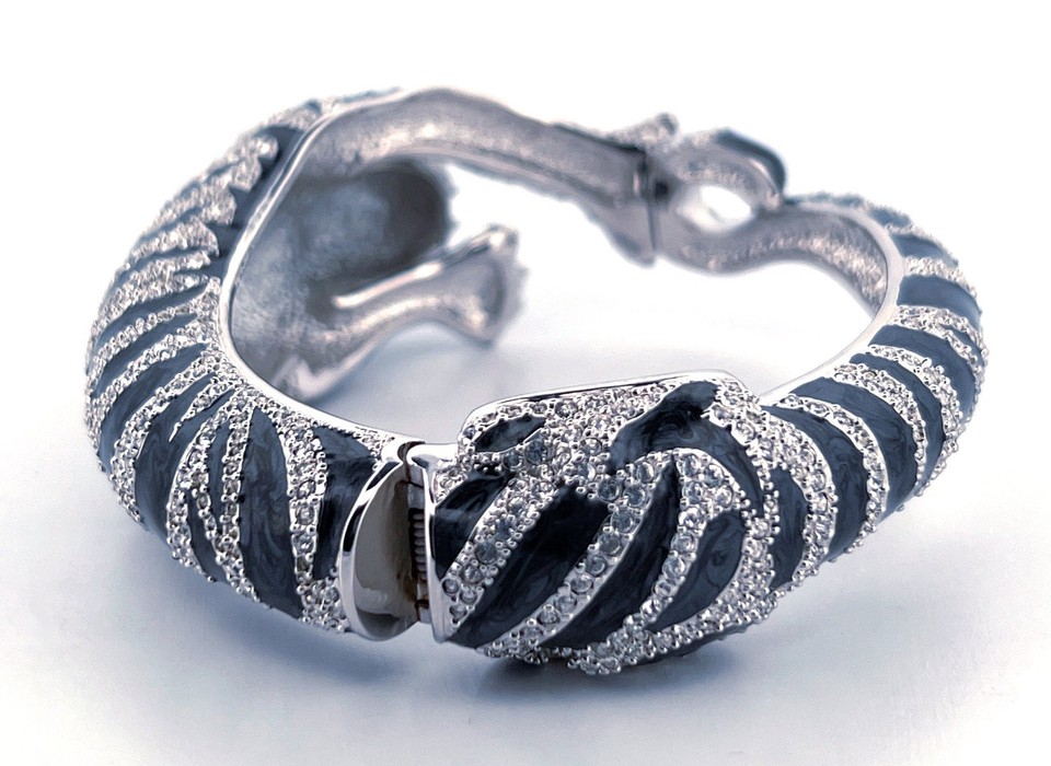 Siberian Tiger Cuff Bangle Rhodium Plated Metal Alloy Set With Enamel ...