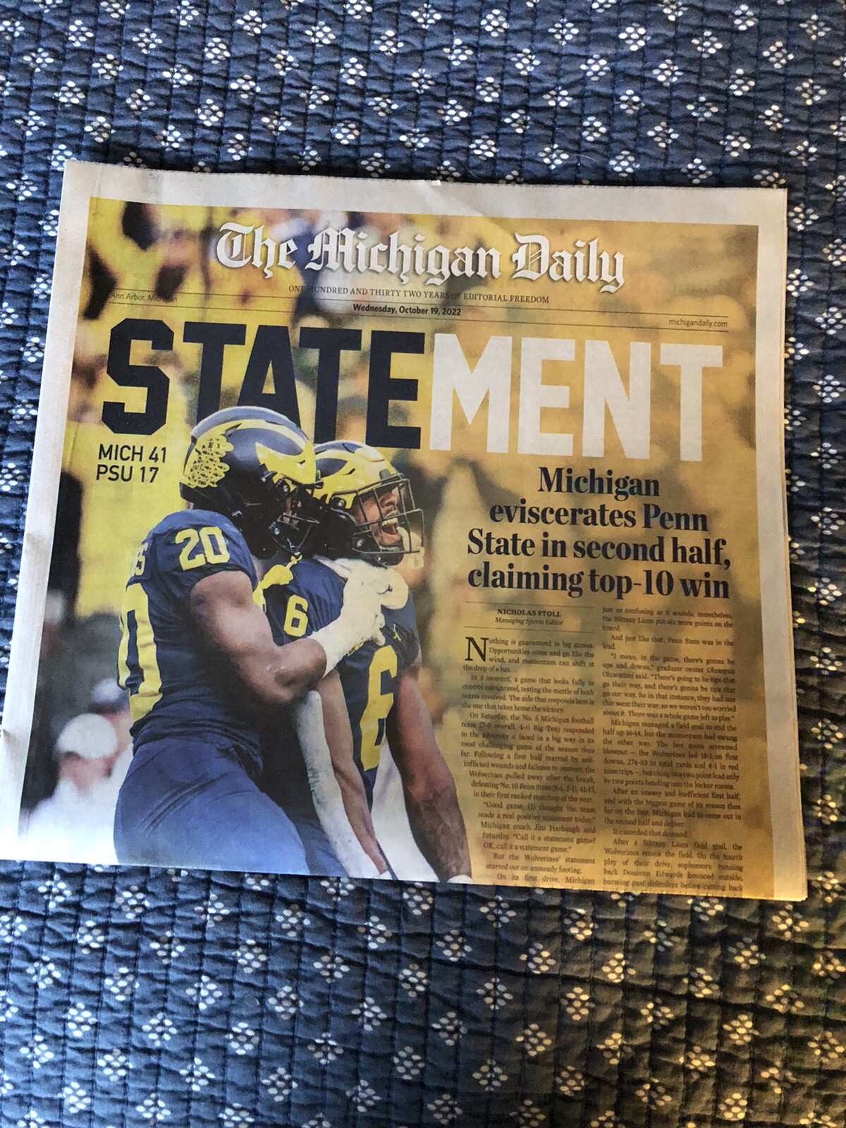 Michigan Daily Newspaper Michigan Wolverines Penn State 10/19/22 UM 41 ...