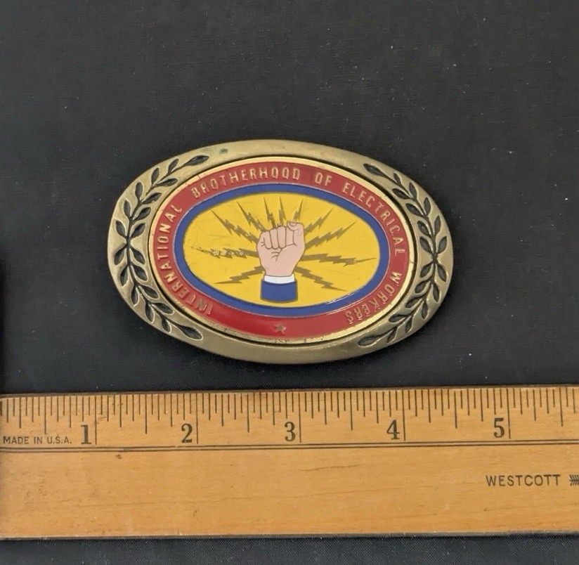 VTG IBEW Aminco Solid Brass Belt Buckle Union Iconic Logo Colorful 1980 ...