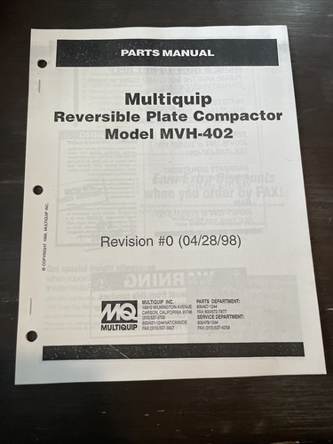 Multiquip Mikasa MVH402 Plate Compactor Parts MQ Catalog List Guide ...