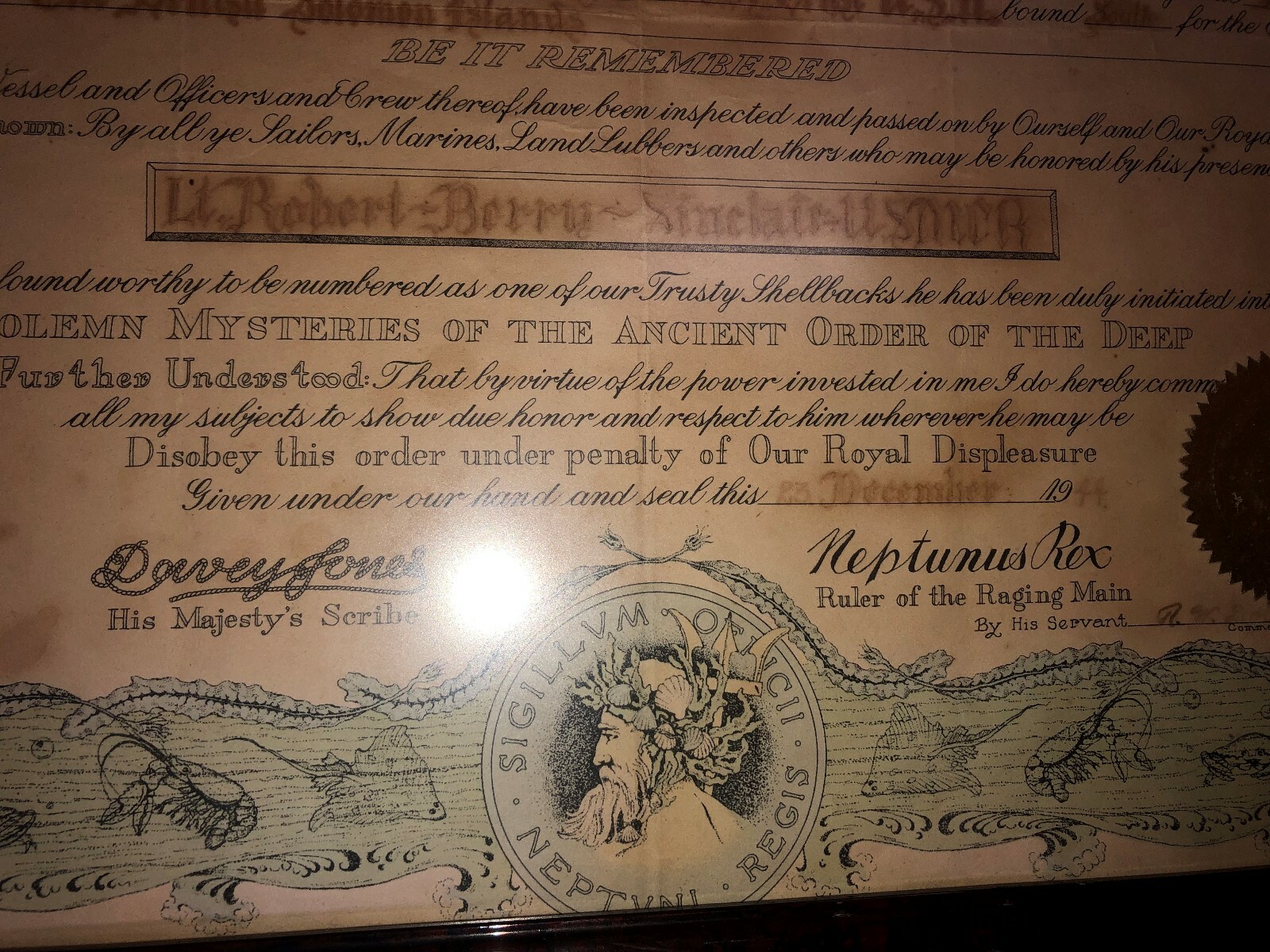 VINTAGE 1944 US NAVY IMPERIUM NEPTUNI REGIS CERTIFICATE | eBay