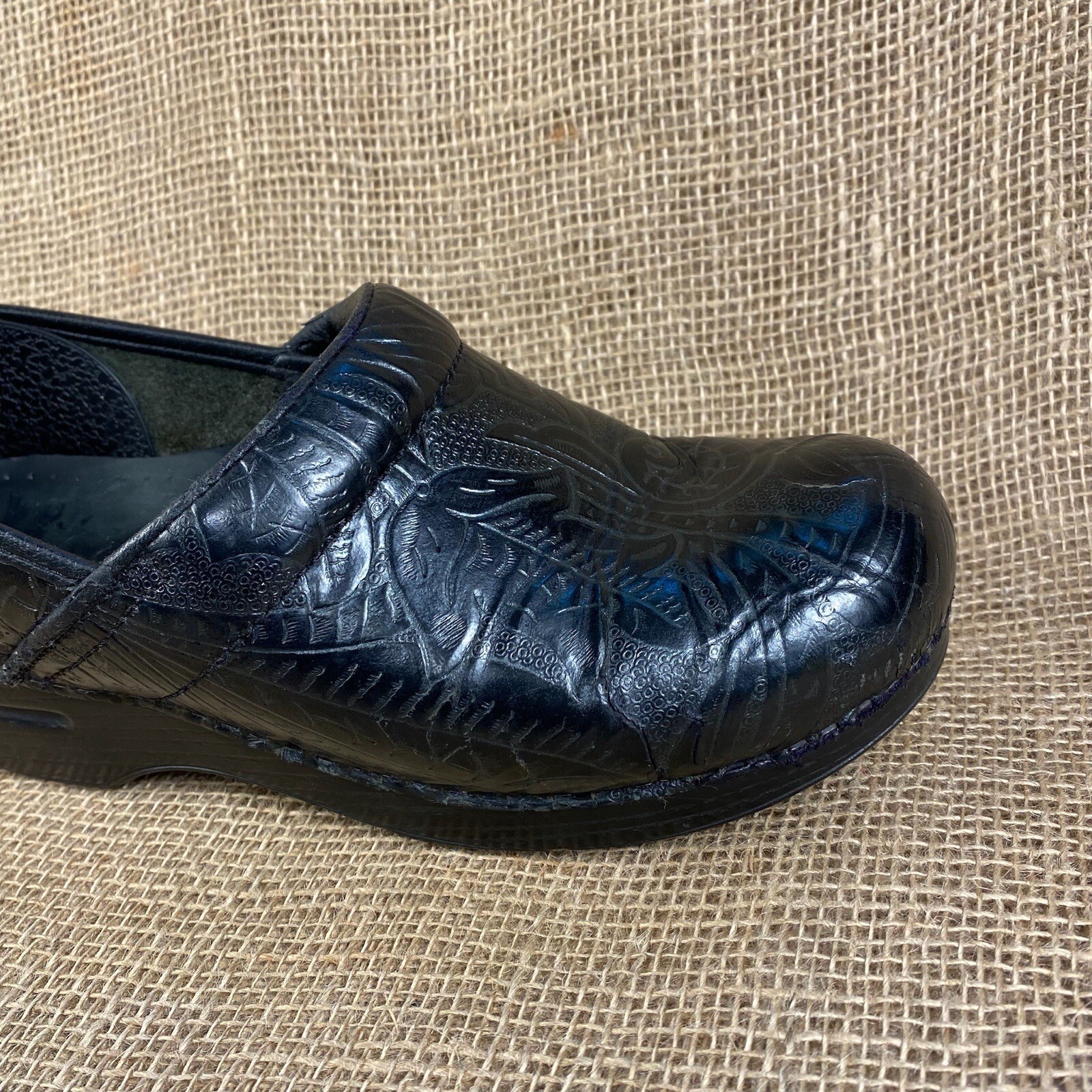 Dansko clogs black tooled leather floral slip on wome… - Gem
