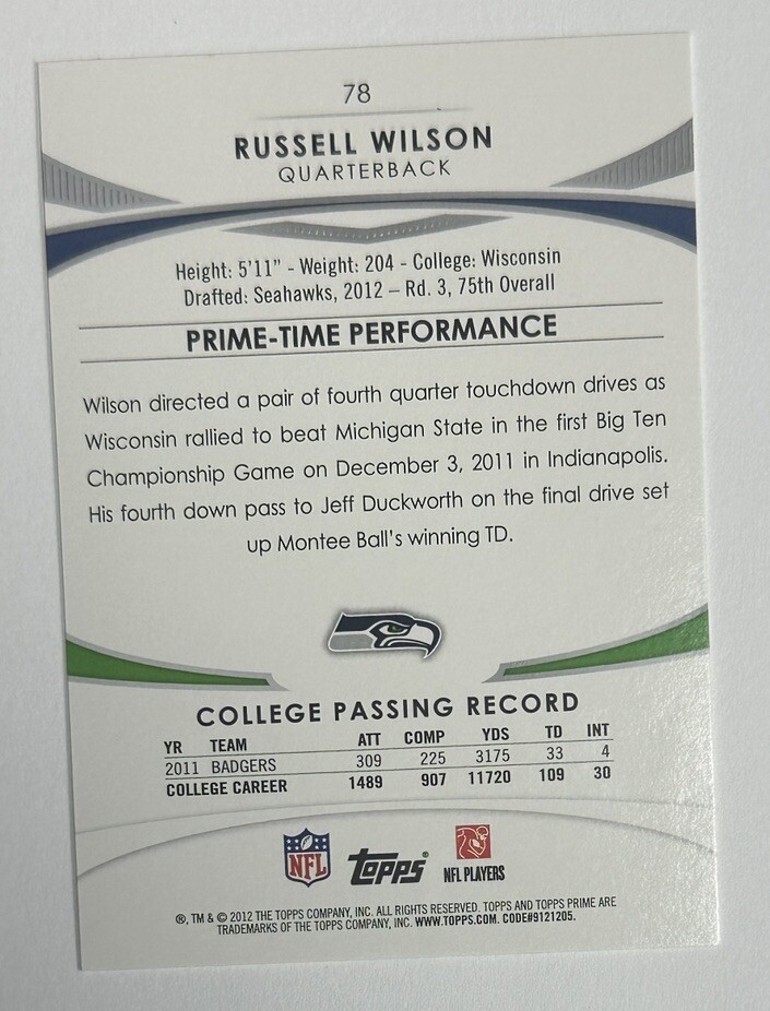2012 Topps Prime Russell Wilson Rookie RC #78 | eBay