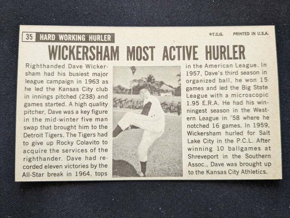 1964 Topps Giant Baseball Card # 35 Dave Wickersham - Detroit Tigers ...
