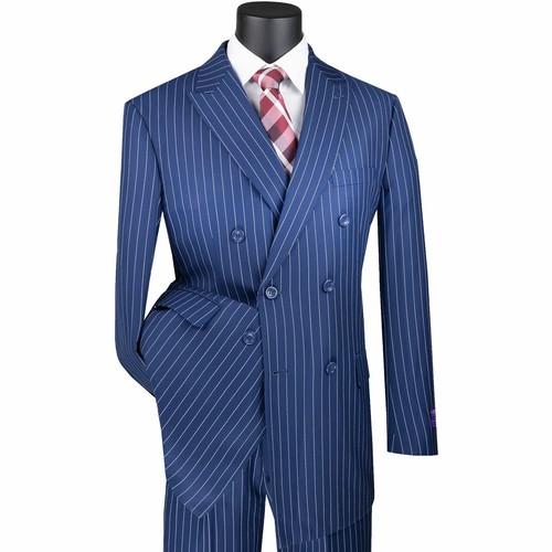 VINCI Men's Blue Pinstripe Double Breasted 6 Button Classic Fit Suit ...