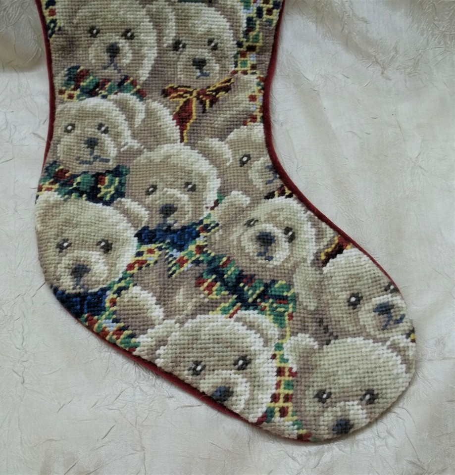 Teddy Bears Needlepoint Fancy Christmas Stocking Velvet Back Holiday | eBay