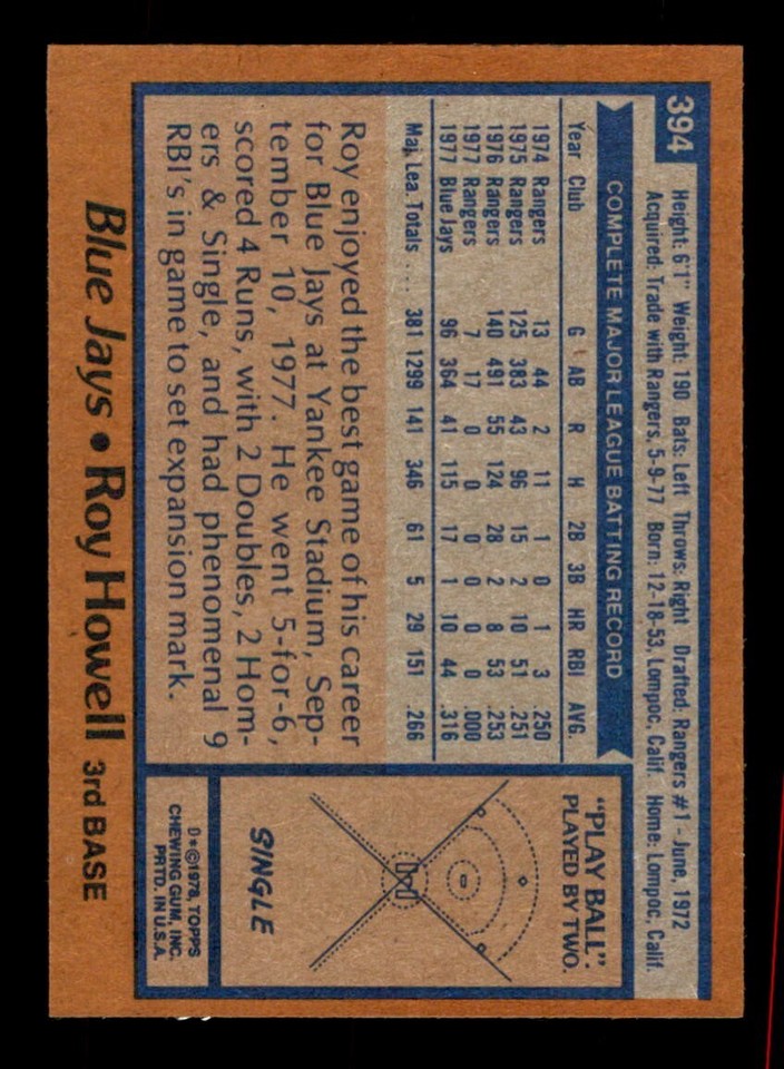 1978 Topps Baseball #394 Roy Howell EX/MT *d7 | eBay