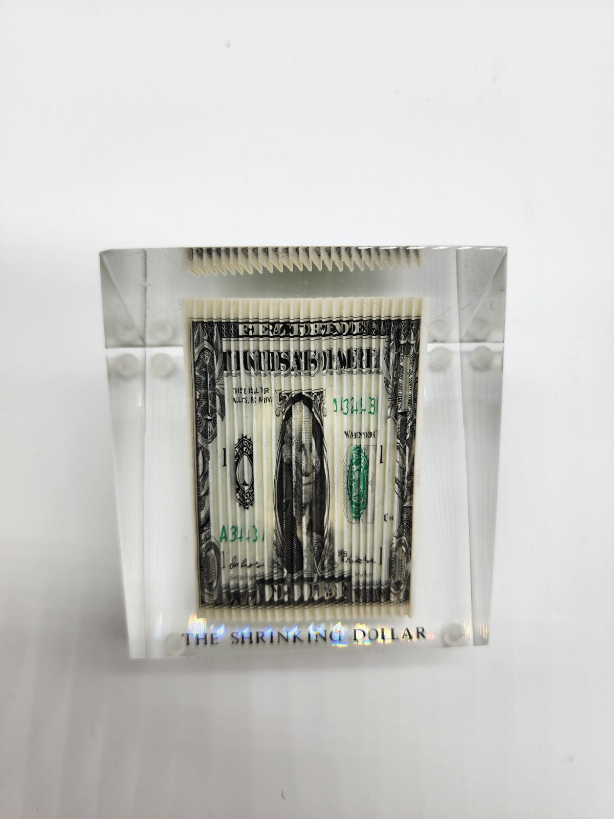 The Shrinking Dollar - Vintage Paperweight in Thick Lucite Block - Real ...