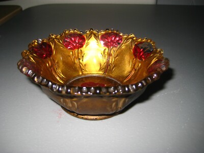 Antique Goofus Glass - Ruffled Edge Candy Dish - Gold & Red Floral 4 3/ ...