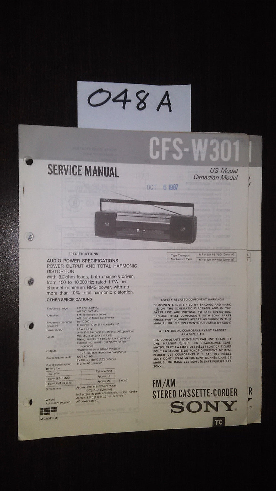 Sony CFS-W301 stereo boombox ghettoblaster Service Manual original ...