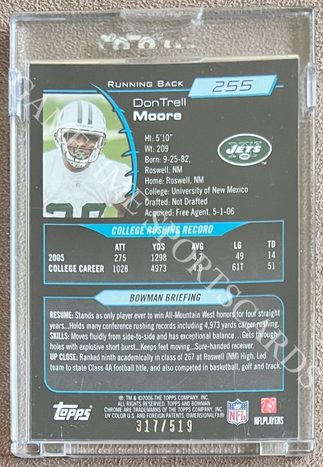 DonTrell Moore 2006 Bowman Chrome Uncirculated Rookie #255 /519 Jets ...