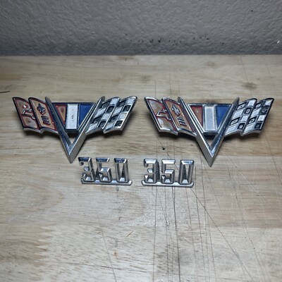 OEM 64-67 Chevy Impala Chevelle V8 Cross Flag Emblem 3840318 & 350 ...