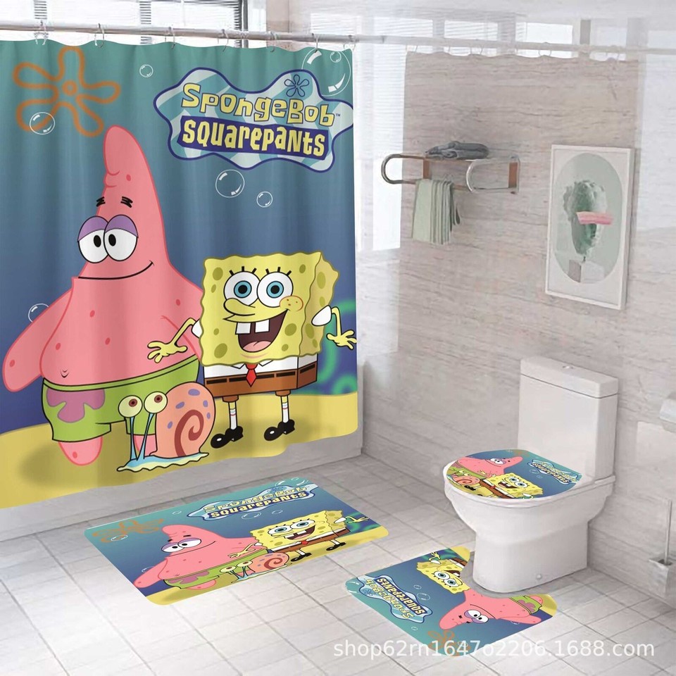 3D SpongeBob Bathroom Set Shower Curtain Non-Slip Bath Mats Toilet Lid ...