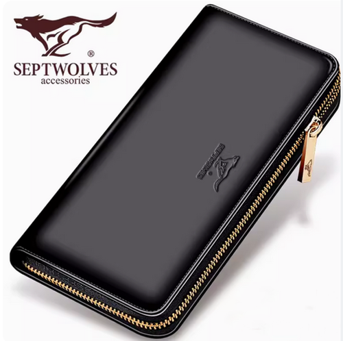 Septwolves men cow leather wallet purse zip bag Clutch pocket black ...