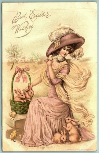 Women With Easter Basket Bunnies Chicks Unused Max Feinberg DB Postcard ...