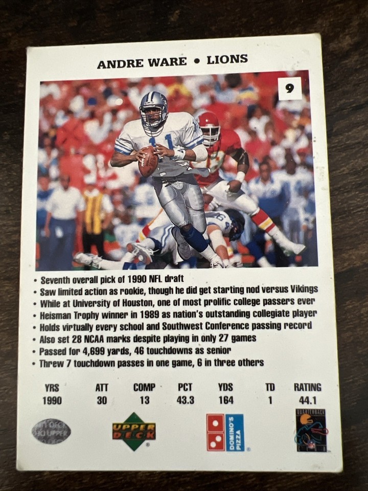 1991 Upper Deck Domino's Pizza Quarterback Challenge - Andre Ware #9 | eBay