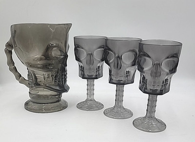 Halloween Skull Pitcher SET Skull with 3 Smokey Gray Black Goblets ...