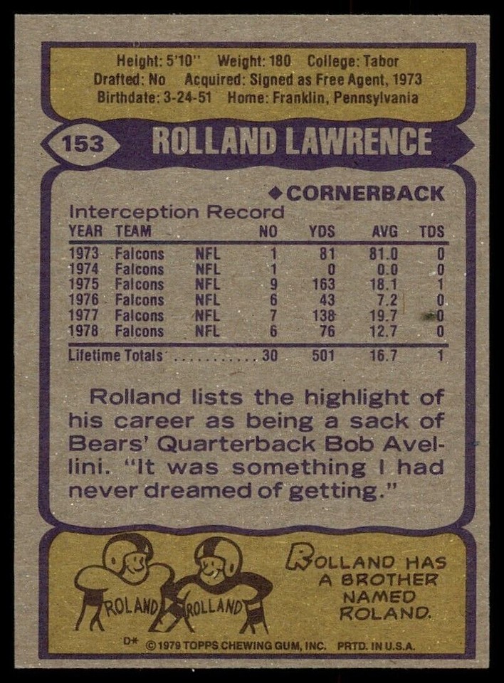 1979 TOPPS Football Vintage Card #153 🏈 ROLLAND LAWRENCE, Atlanta ...