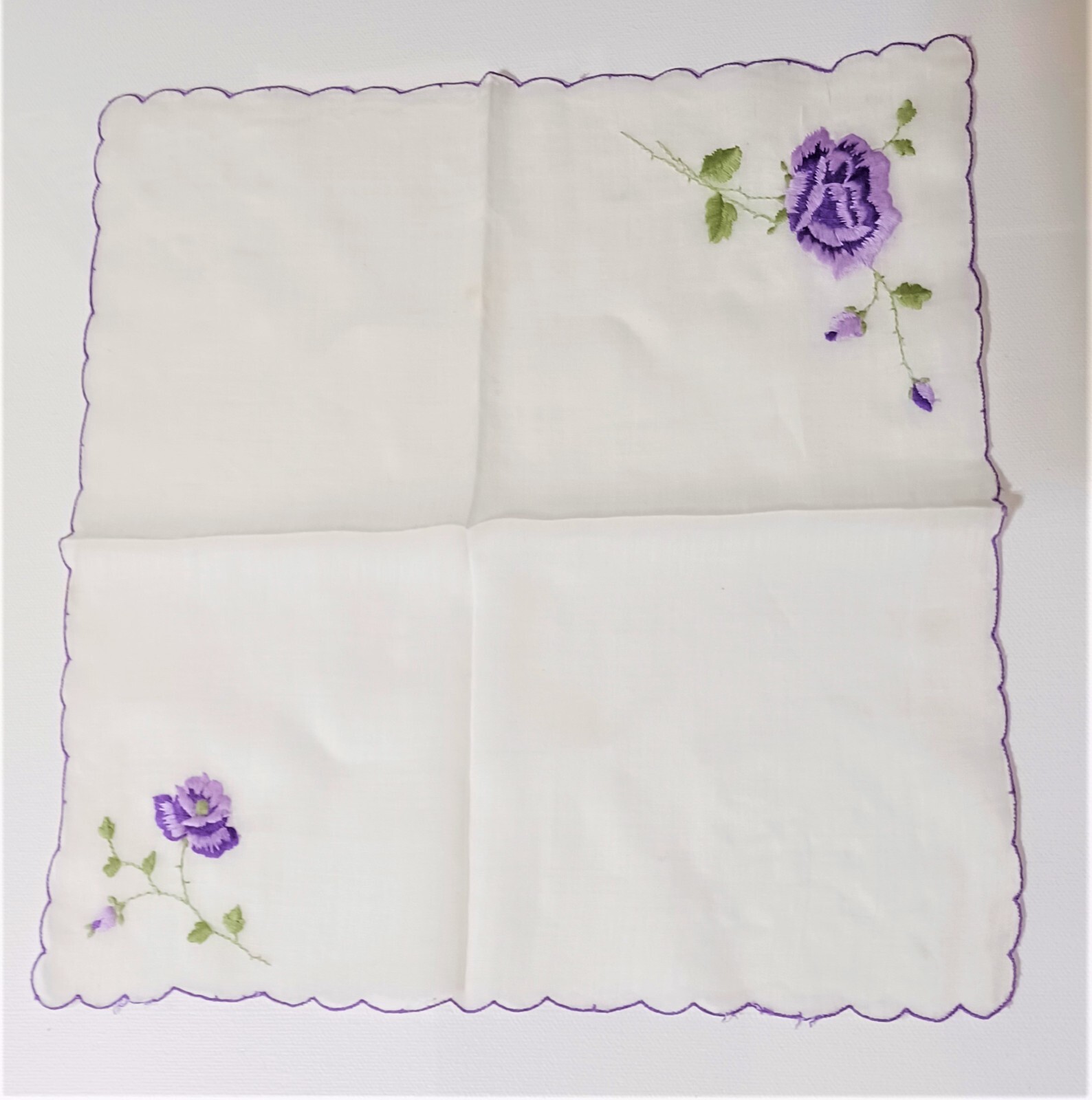 Vintage Handkerchief Scalloped Edges Embroidered Purp… - Gem