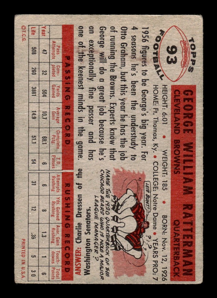 1956 Topps Football #93 George Ratterman CREASED Cleveland Browns | eBay