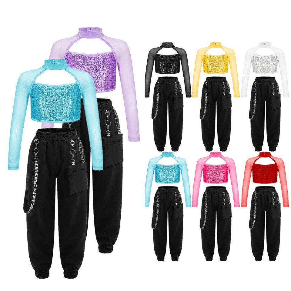 Kids Girls Dancewear Sequins Dance Crop Top with Cargo Jogger Pants Set ...