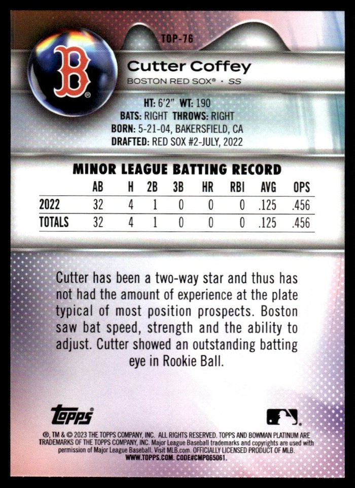 Cutter Coffey 2023 Bowman Platinum Top Prospects Card #TOP-76 Boston ...