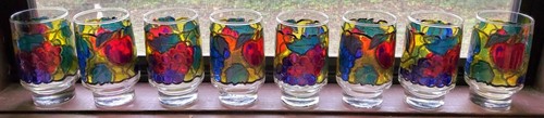 Vintage MCM 60s 70s Drinking Glasses 8 Set Stained Glass Colorful Fruit ...