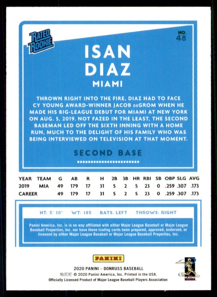2020 Donruss Rated Rookie Isan Diaz Miami Marlins #48 MLB Baseball | eBay