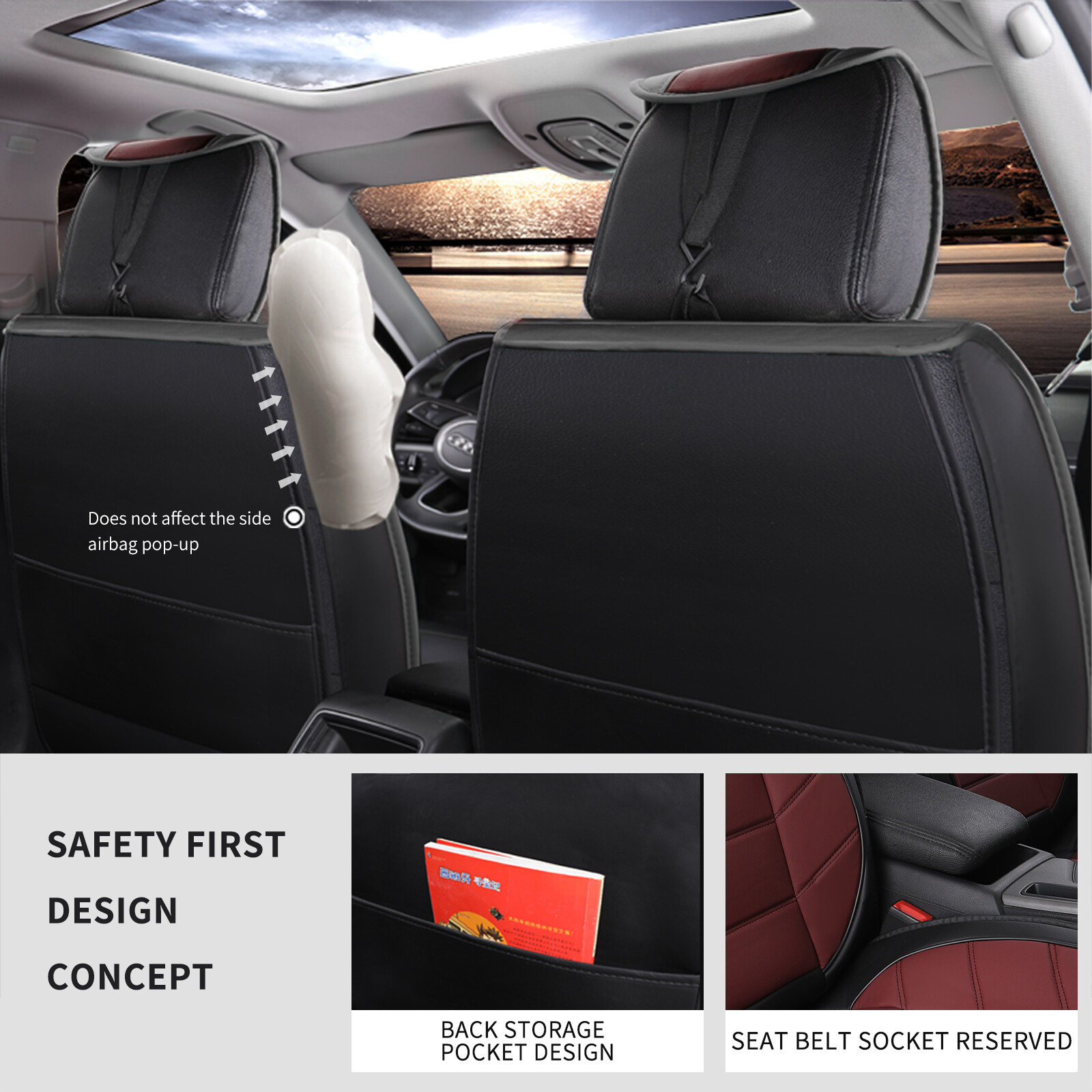 Wine Red Car Seat Cover PU Leather Front Seat Cushion Cover For Nissan ...