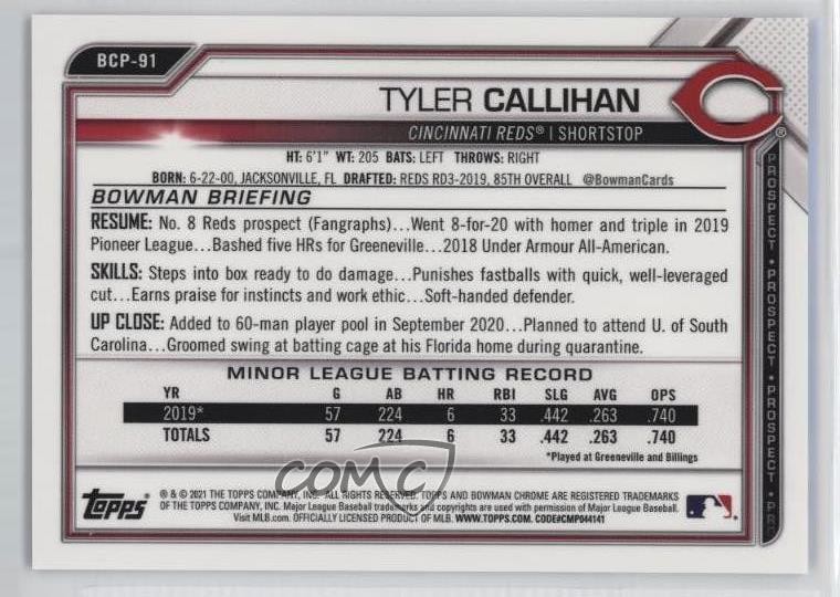 2021 Bowman Chrome Prospects Blue Shimmer Refractor /150 Tyler Callihan ...
