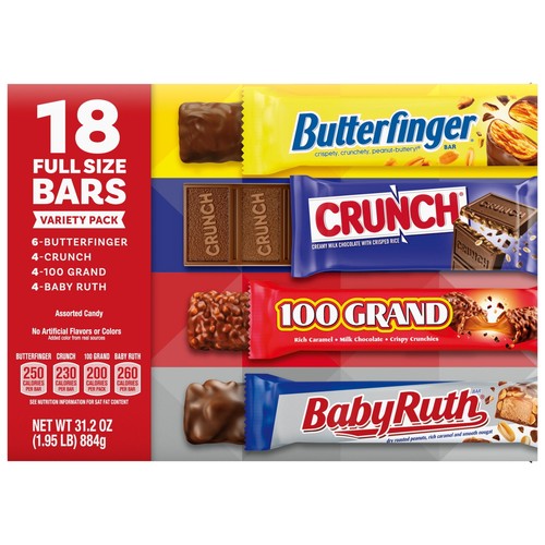 CRUNCH, Baby Ruth and 100 Grand, Assorted Full Size Candy Bars, Bulk 18 ...