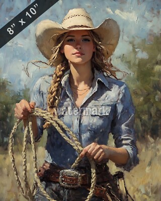 Cowgirl with a lasso ready to rope a steer oil Painting 8x10 Print | eBay