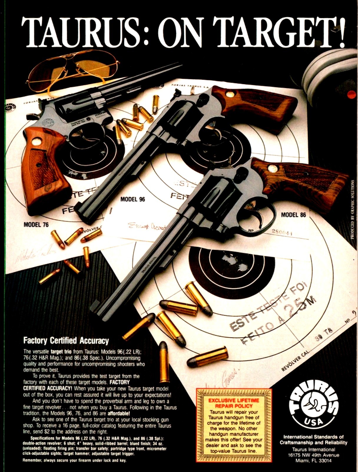 1990 TAURUS Model 76, 96 and 86 Revolver Original AD Vintage Gun ...