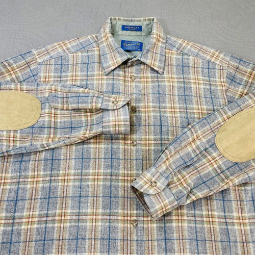 Pendleton Button Shirt Mens Medium Blue Plaid Wool Elbow Patch Outdoors ...