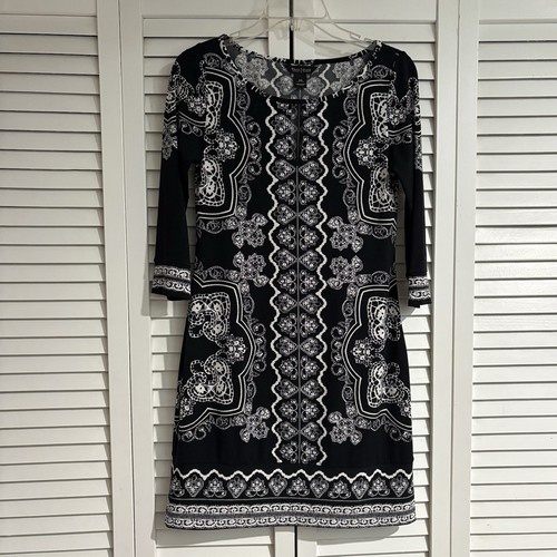 WHBM Black White Sheath Dress Size XS Stretch 3/4 Sleeve Floral Pattern ...