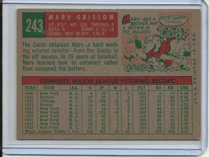 1959 Topps - grey back #243 Marv Grissom for sale online | eBay