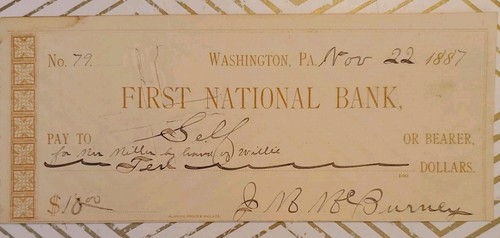 1887 First National Bank Of Washington Pennsylvania Check | eBay